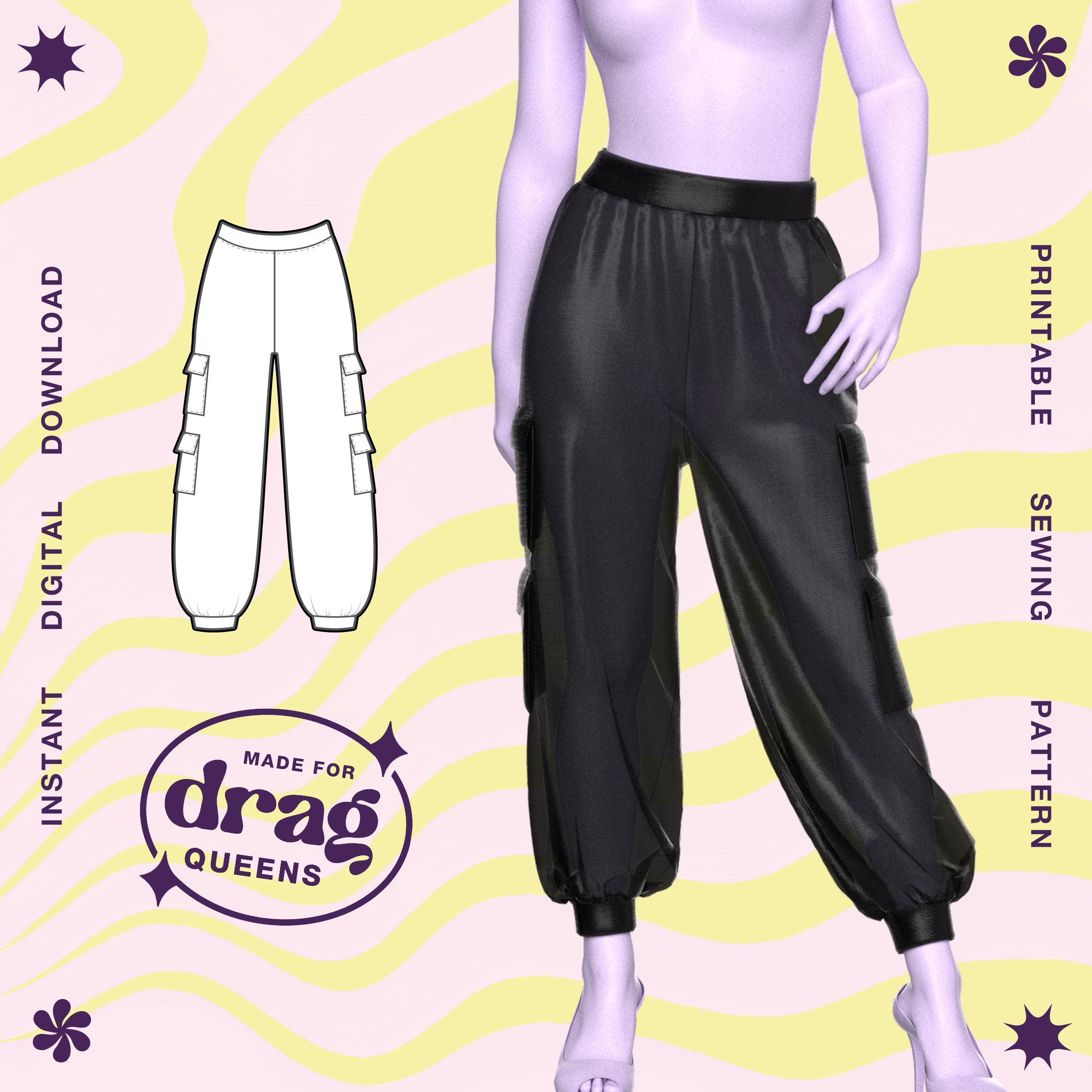 Baggy High Waisted Cargo Pants Sewing Pattern (XS-4X) PDF For Drag Que ...